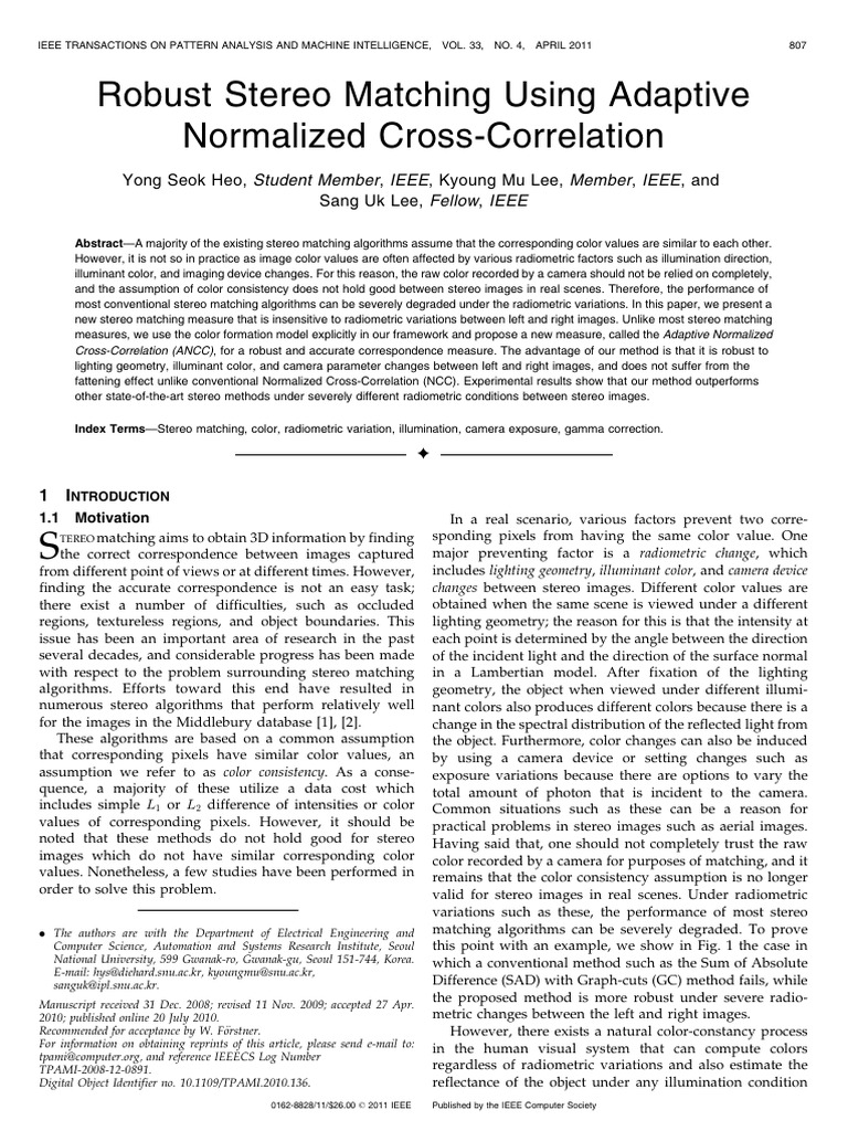 Robust Stereo Matching Using Adaptive Normalized Cross-Correlation | PDF | Color | Lighting