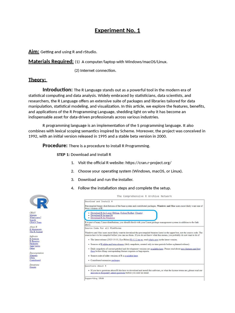 Experiment No 1 Pdf R Programming Language Computer Programming