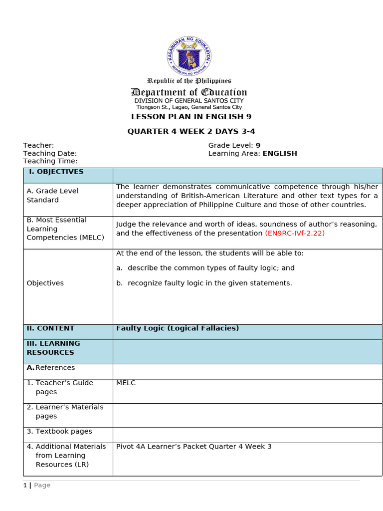 ENG9-Q4-WEEK2-DAY 3-4 - Faulty Logic | PDF | Fallacy | Argument