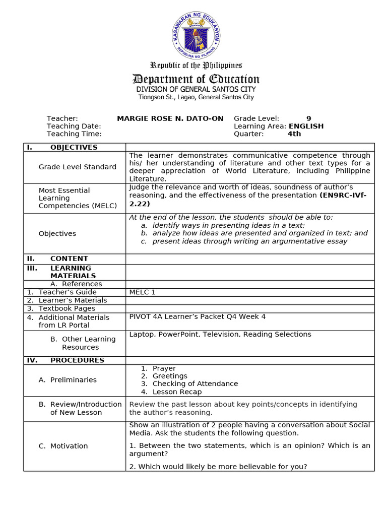 ENG9-Q3-WEEK3-DAY 3-4 - Analyzing The Presentation of Ideas in A Text | PDF | Argument | Essays