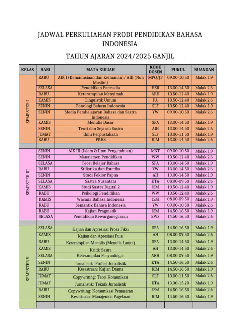 Jadwal - Prodi Bindo Ganjil 2024 2025 | PDF