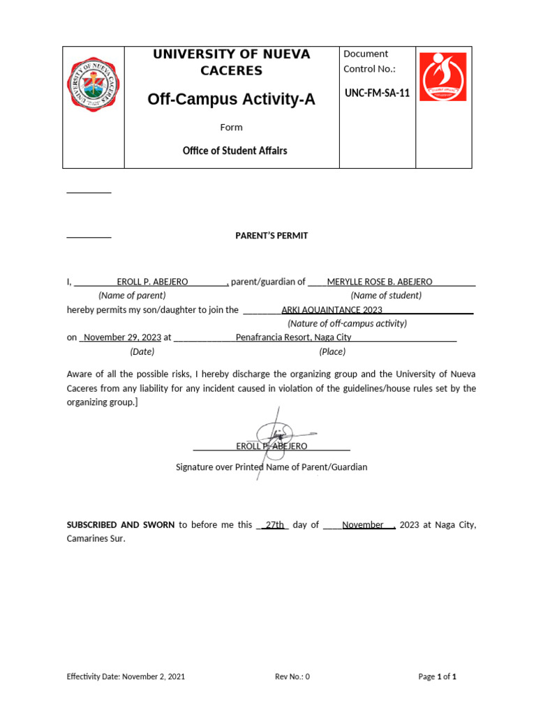 Updated Parent's Permit | PDF