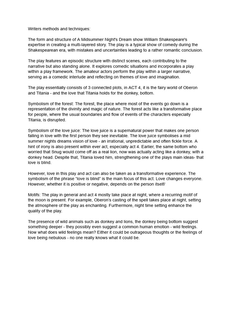 Writers Methods and Techniques | PDF | A Midsummer Night's Dream