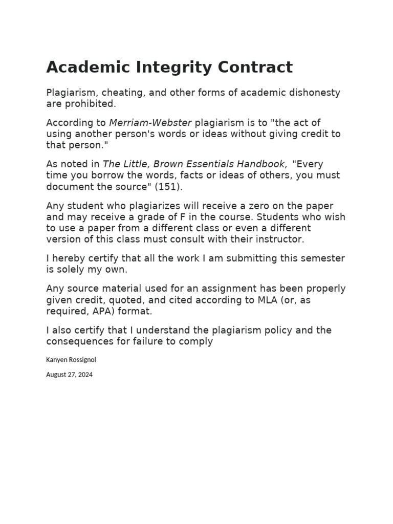 Academic Integrity Contract | PDF