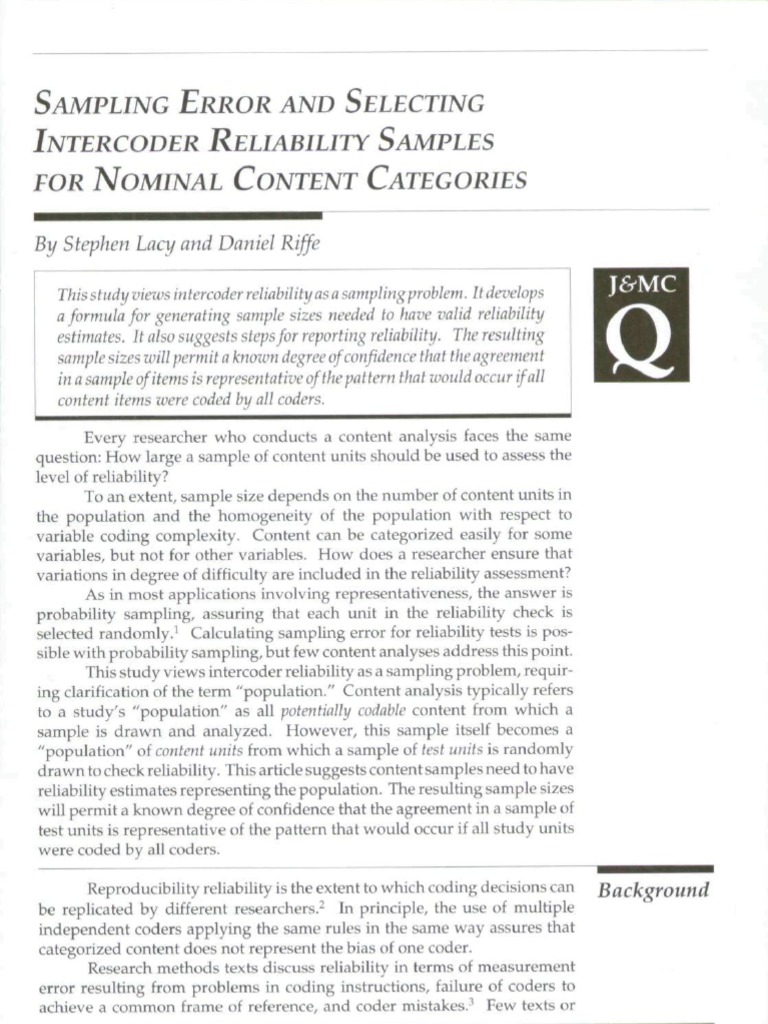 Sampling Error and Selecting Intercoder Reliability Samples For Nominal Content Categories | PDF ...