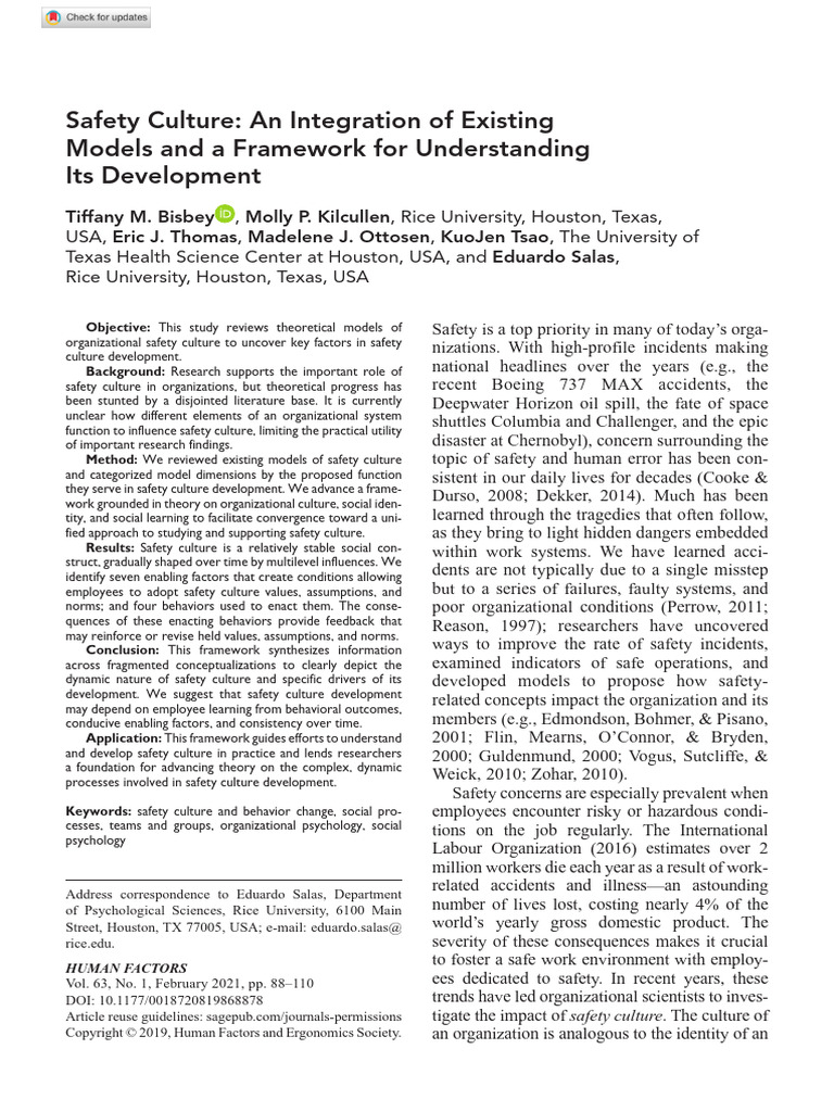 Bisbey Et Al 2019 Safety Culture An Integration of Existing Models and ...