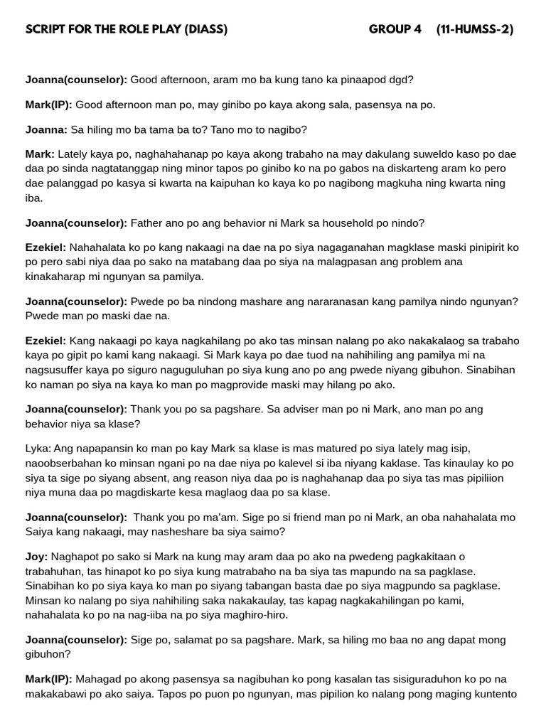Script For The Role Play Diass Group 4 11 Humss 2 | PDF