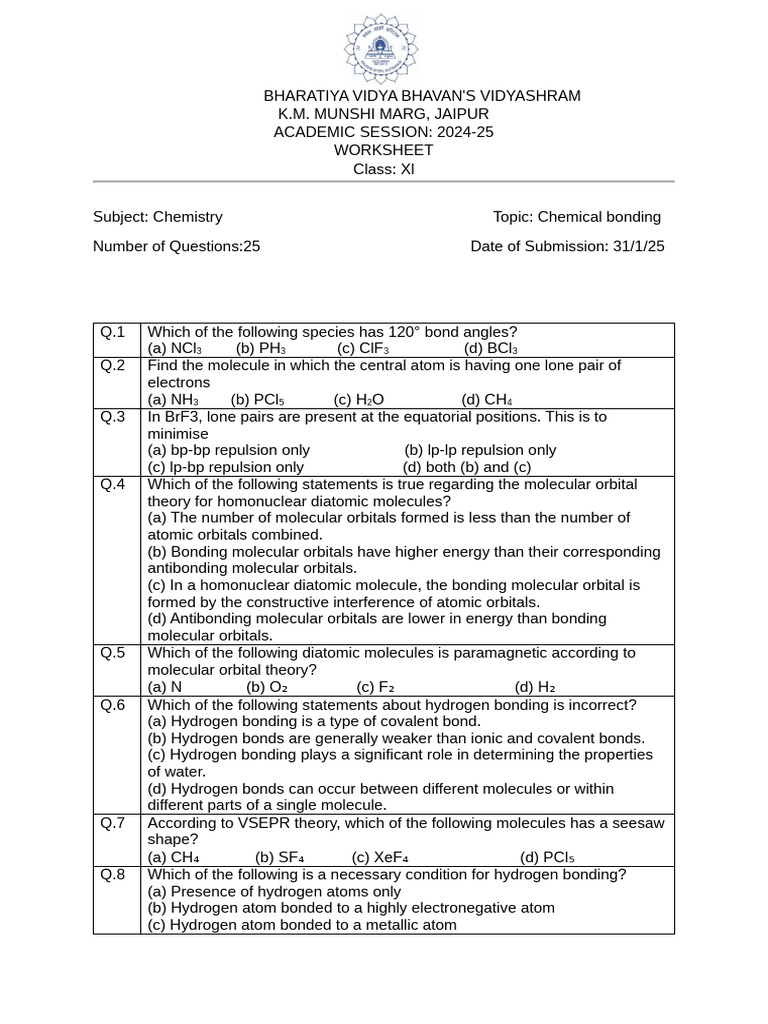 Class 11 Chemistry Worksheet: Chemical Bonding | PDF | Chemical Bond ...