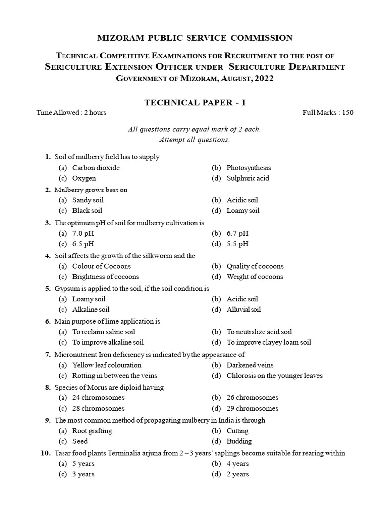 Mizoram Sericulture Exam Paper 2022 | PDF | Soil | Plant Nursery
