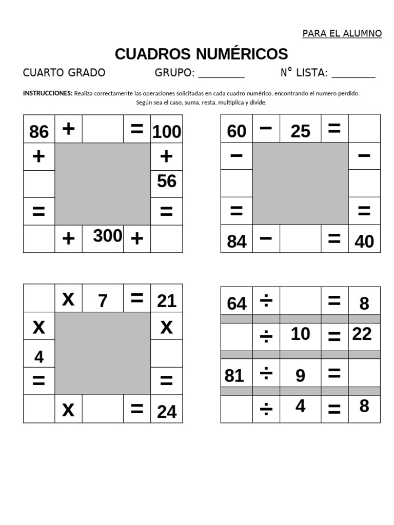Cuadros Numéricos para Cuarto Grado | PDF | Aritmética