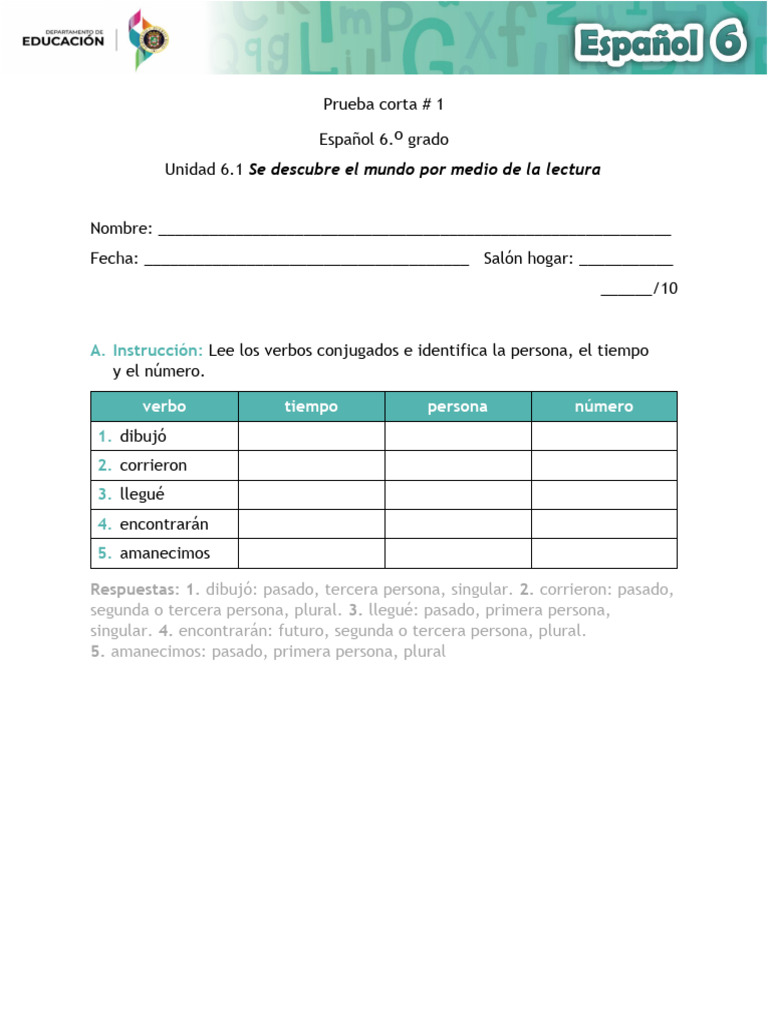 Prueba de Verbos para 6.º Grado | PDF