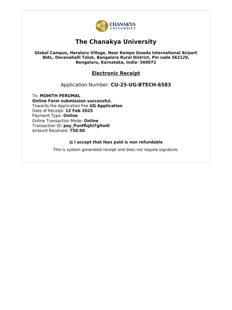 Acknowledgement Receipt CU 25 UG BTECH 6583 | PDF