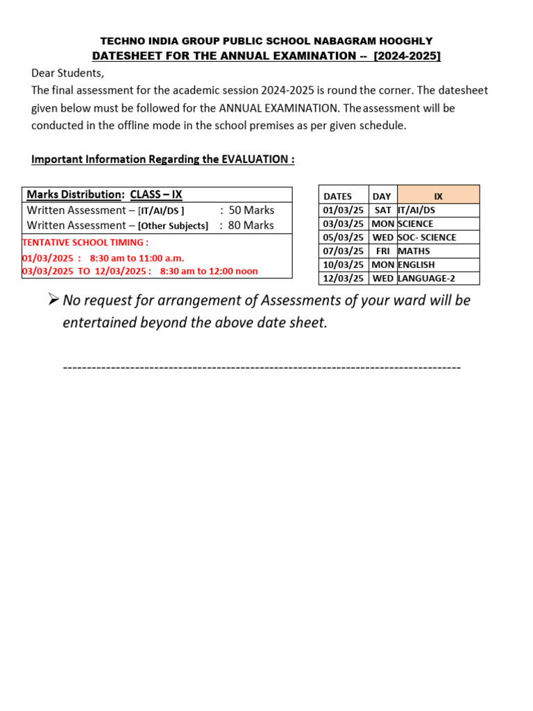 Class IX Annual Exam Schedule | PDF