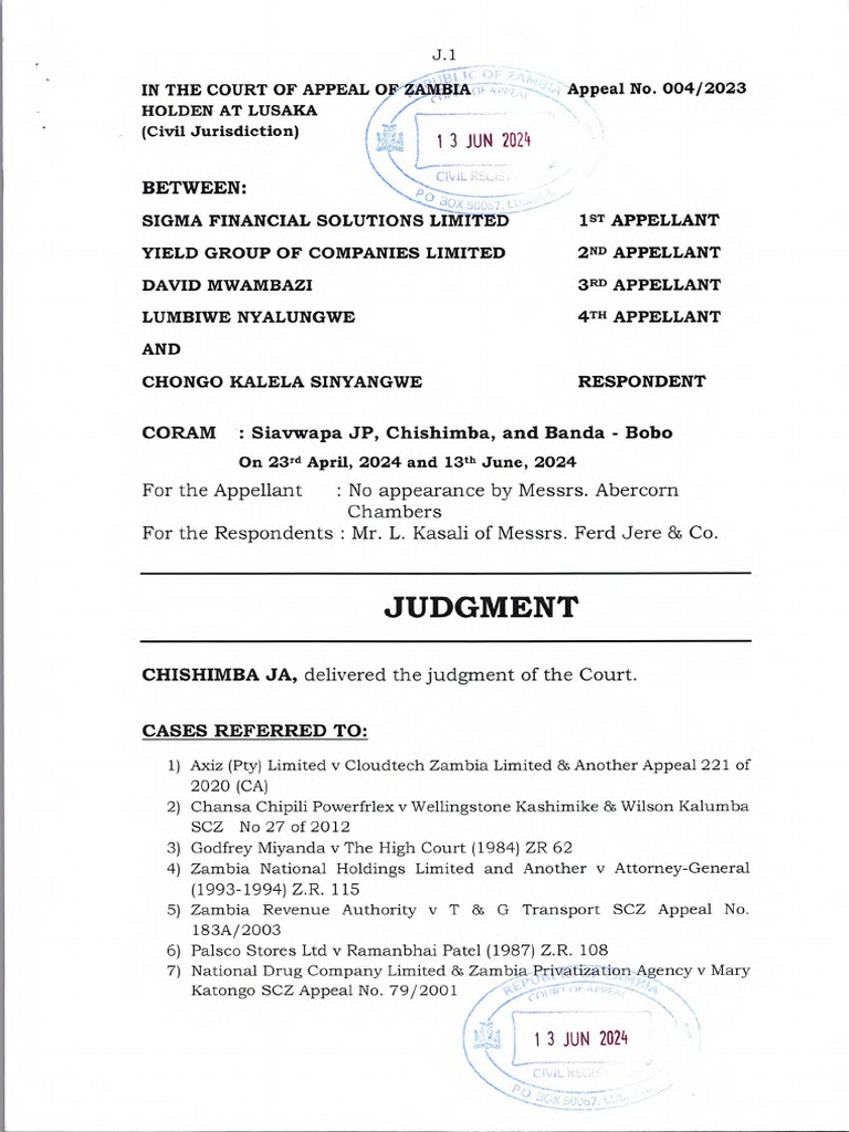 Sigma Fin L Solutions LTD V Chongo Sinyangwe App 4 2023 1722366210 | PDF