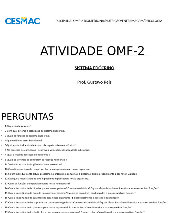 ATIVIDADE OMF-2 Sistema Endocrino | PDF