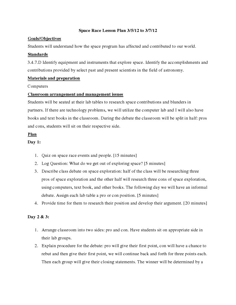 Space Race Lesson Plan 3 | PDF | Lesson Plan | Classroom