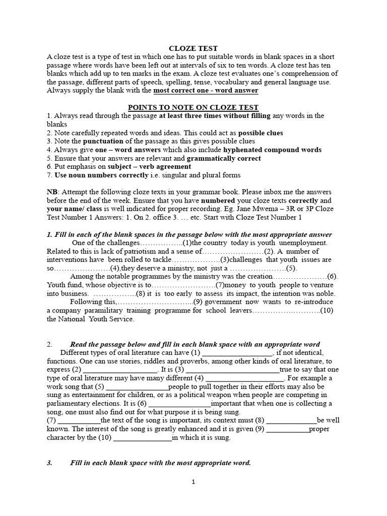 Form 3P and 3R English - Cloze Test Task 2 | PDF | Word | Linguistics