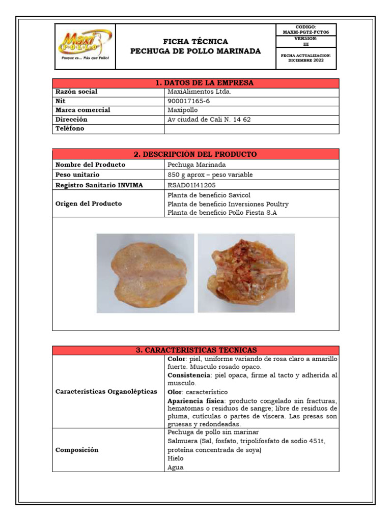 FCT06 Ficha Tecnica Pechuga Marinada | PDF