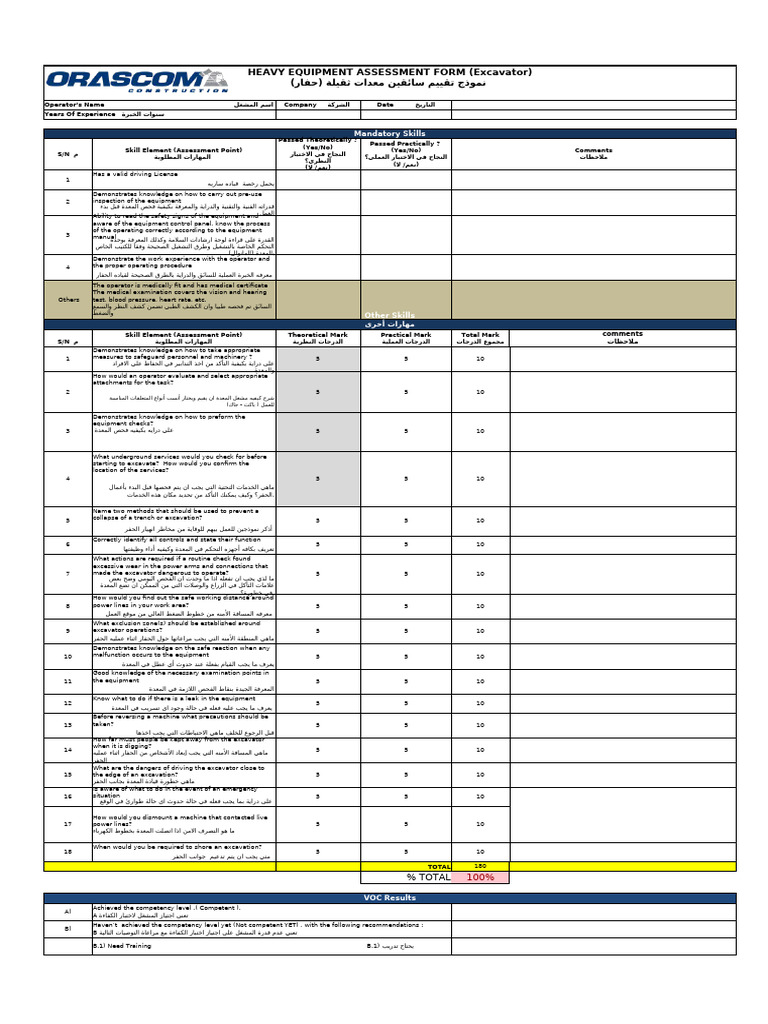 Excavator Operator VOC FORM - Without Answers | PDF