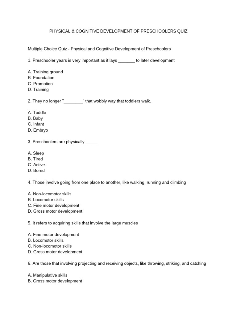 Preschool Development Quiz | PDF | Memory | Thought