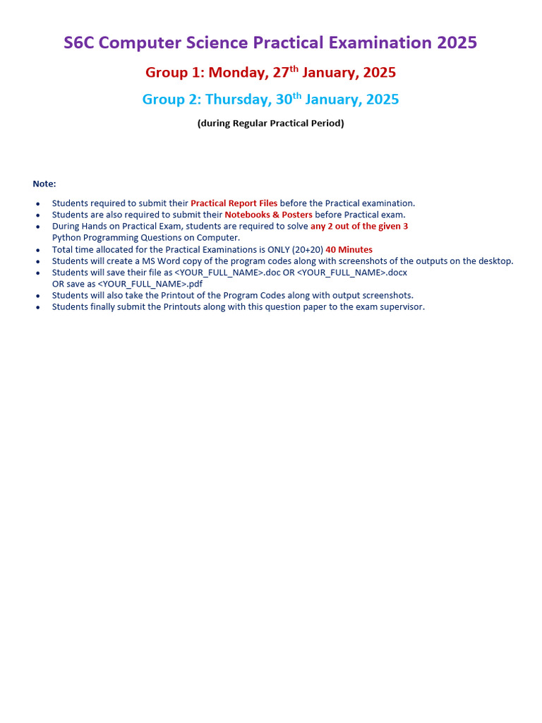 S6C Computer Science Practical Examination 2025 | PDF | Microsoft Word | Software Engineering