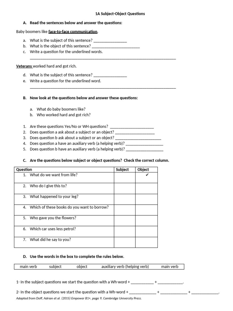 1A Subject Object Questions Guided Discovery | PDF