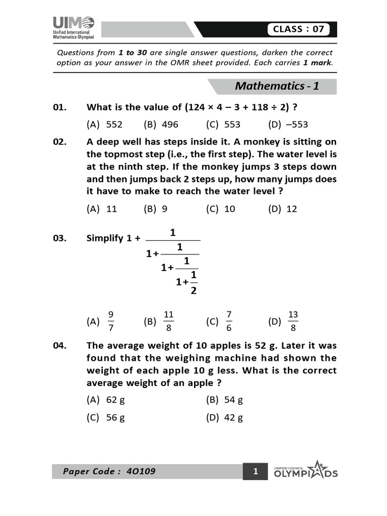 CLASS 7 UIMO-2024-25-Paper 4O109 | PDF | Area | Elementary Geometry