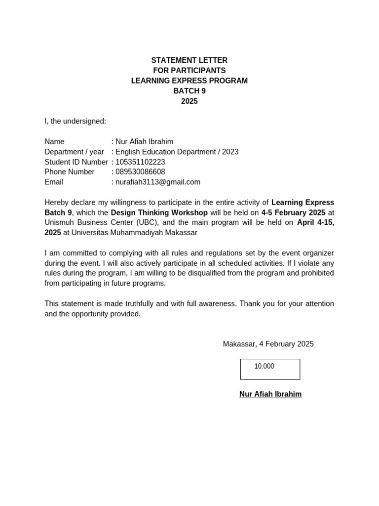 Statement Letter For Participant | PDF