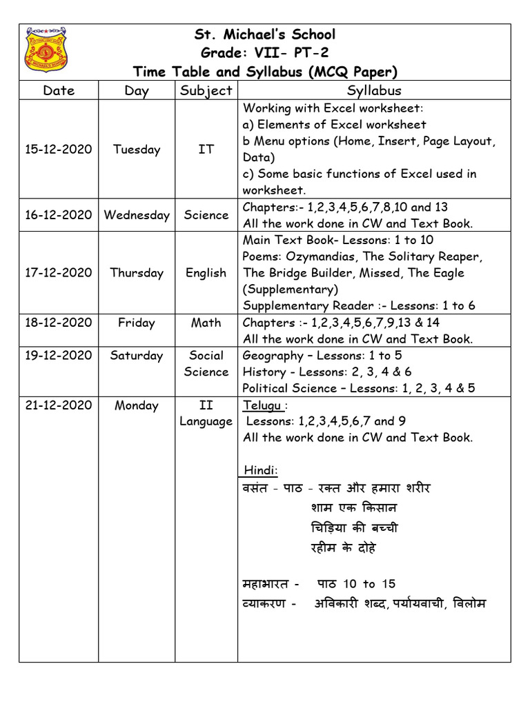 St. Michael's VII PT-2 Timetable & Syllabus | PDF