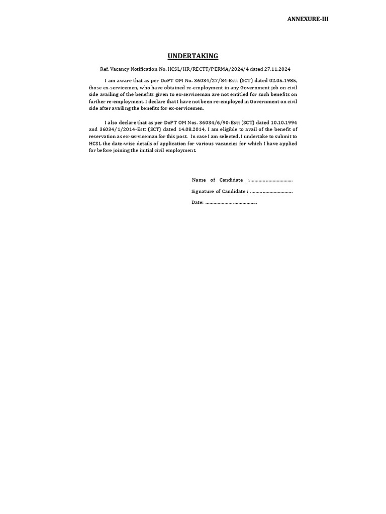 Undertaking: Annexure-Iii | PDF