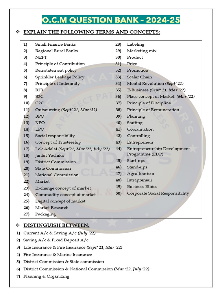 OCM IMP Q BANK 24-25 | PDF | Transaction Account | Warehouse