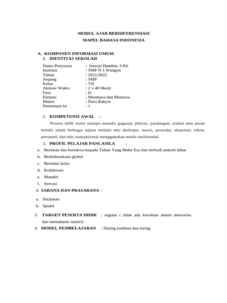 MODUL AJAR PUISI RAKYAT Bahasa Indonesia | PDF