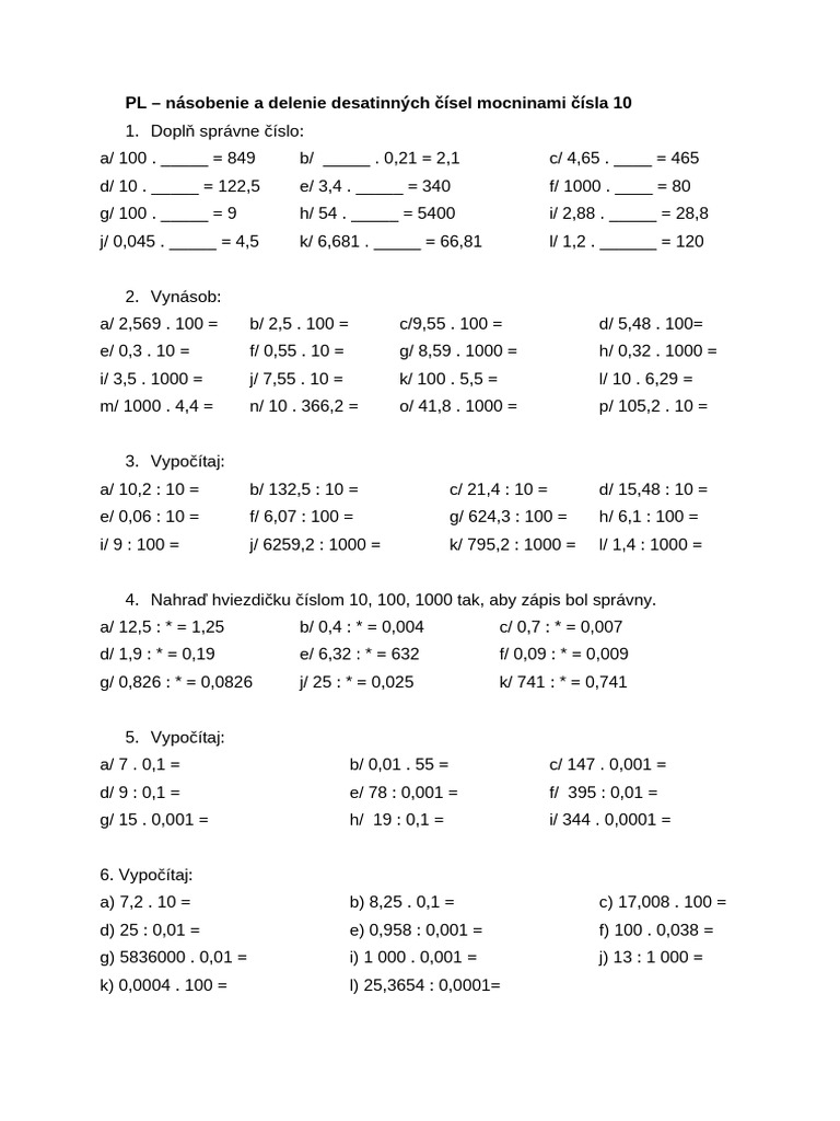 MAT - PL - Desatinné Čísla - Násobenie A Delenie 10 - Žiaci | PDF