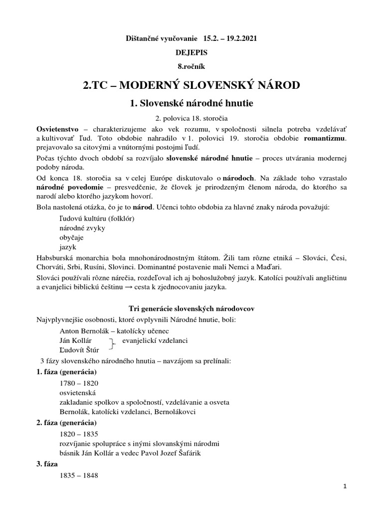 D8 - Poznamky - TC - Moderny Slovensky Narod | PDF