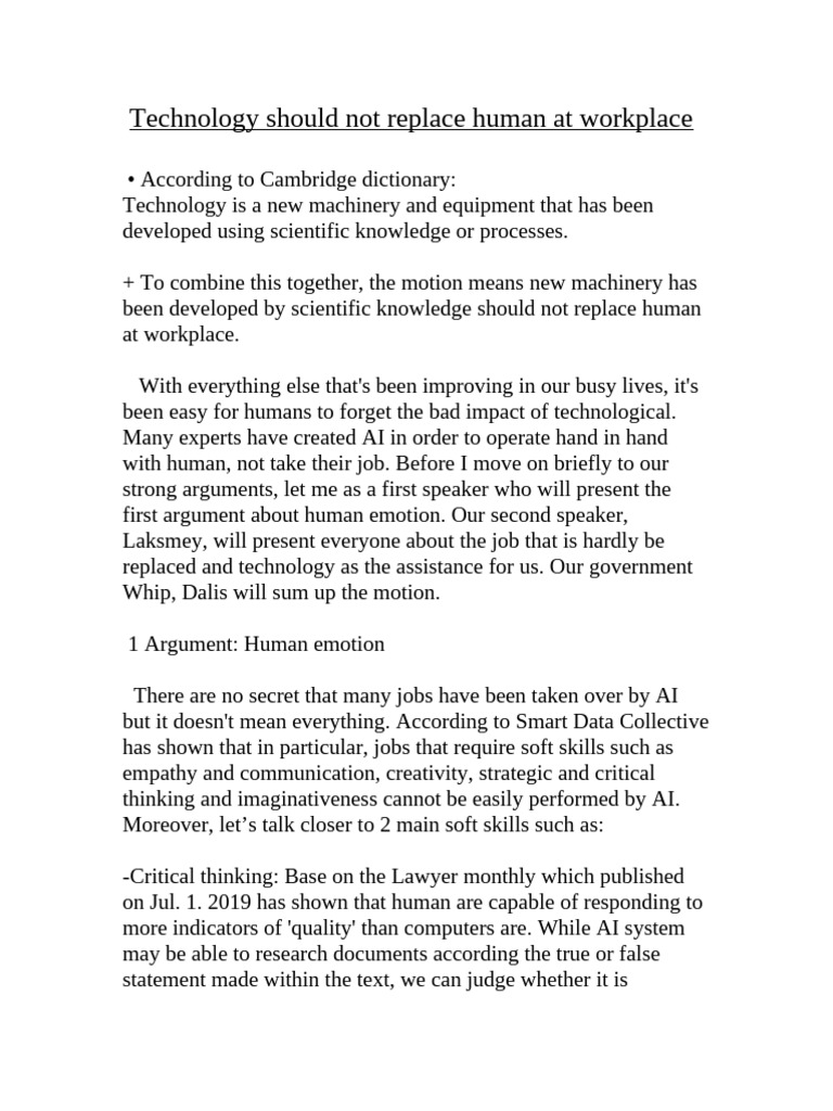 Technology Should Not Replace Human at Workplace | PDF | Artificial ...