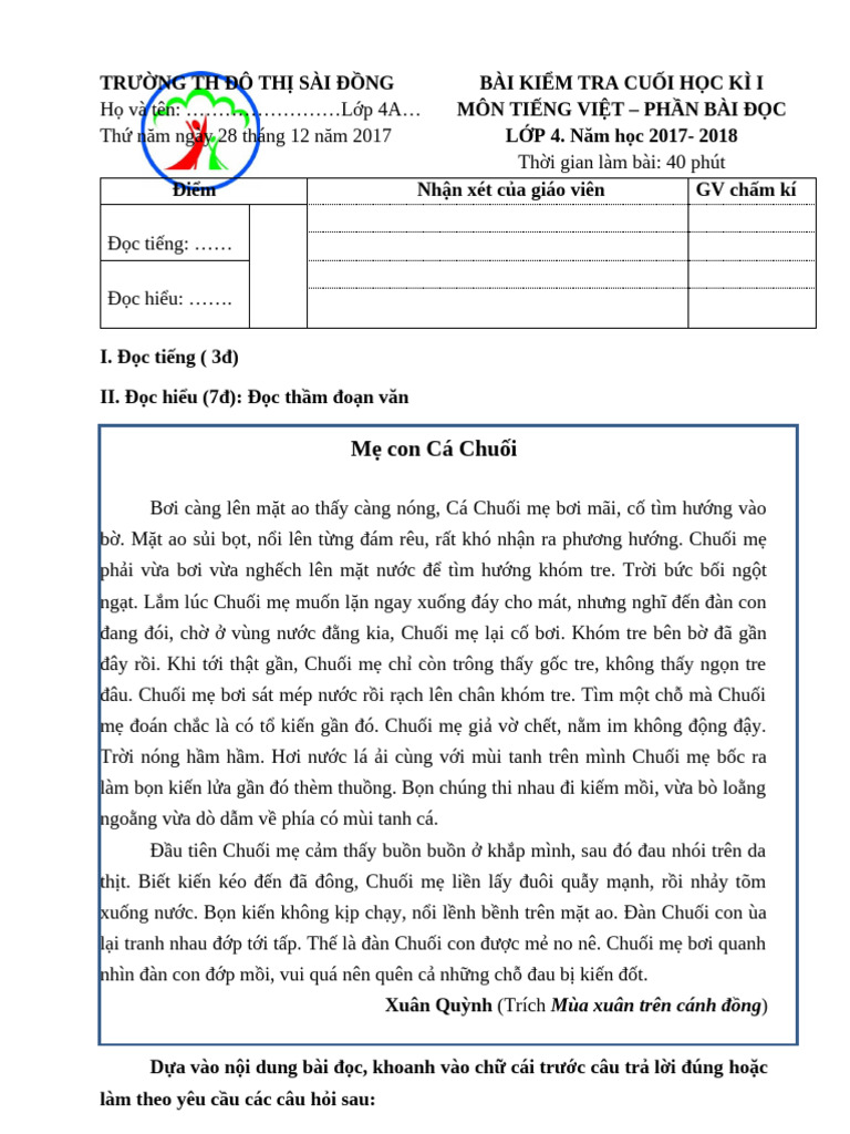 De KTDK - Cuoi Ki 1 - Doc Hieu 4 - TH DT Sai Dong - 2017 - 2018 213201815 | PDF