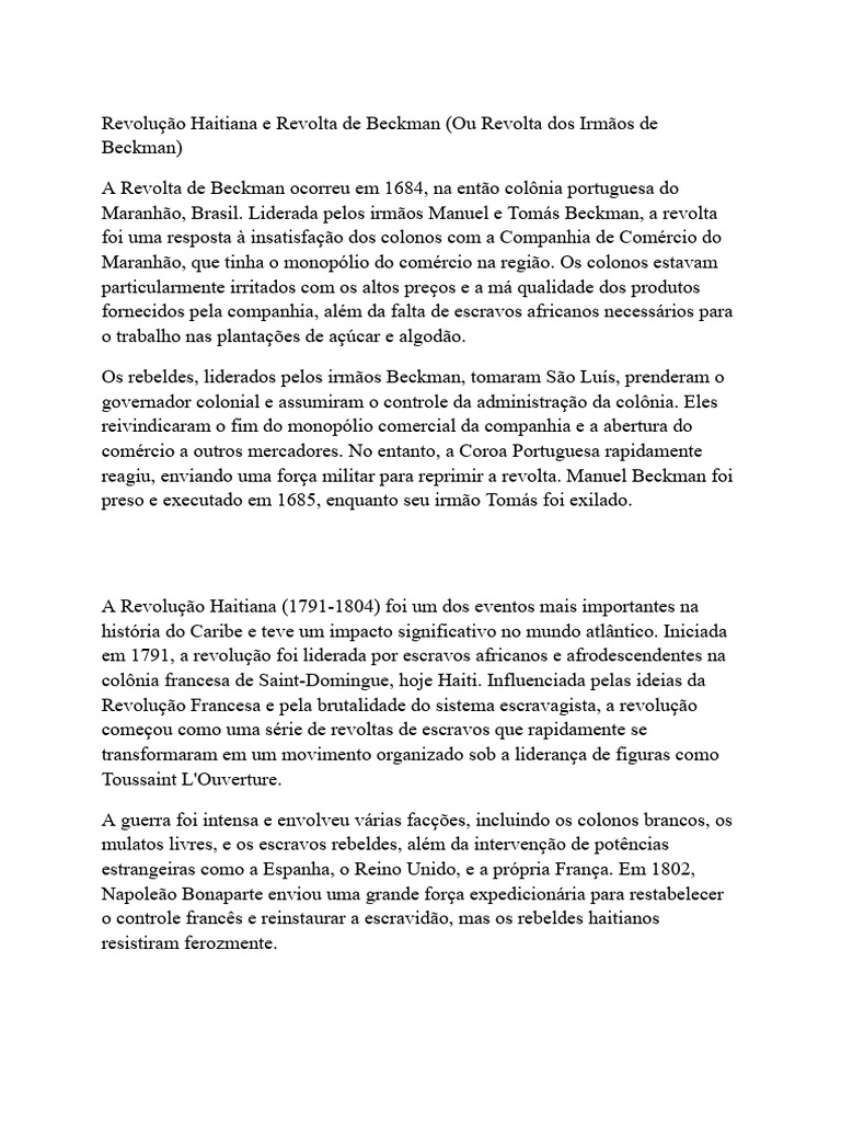 Revolução Haitiana e Revolta de Beckman (Ou Revolta Dos Irmãos de ...