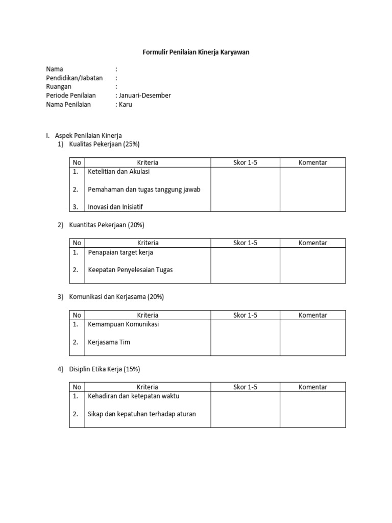 Formulir Penilaian Kinerja Karyawan | PDF