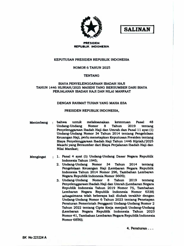 Kepres No 6 Tahun 2025 - BPIH 2025 | PDF