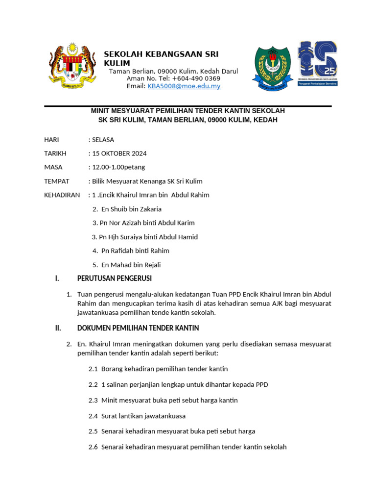 Minit Mesyuarat Pemilihan Tender Kantin | PDF