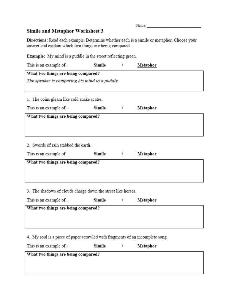Simile and Metaphor Worksheet 03 | PDF