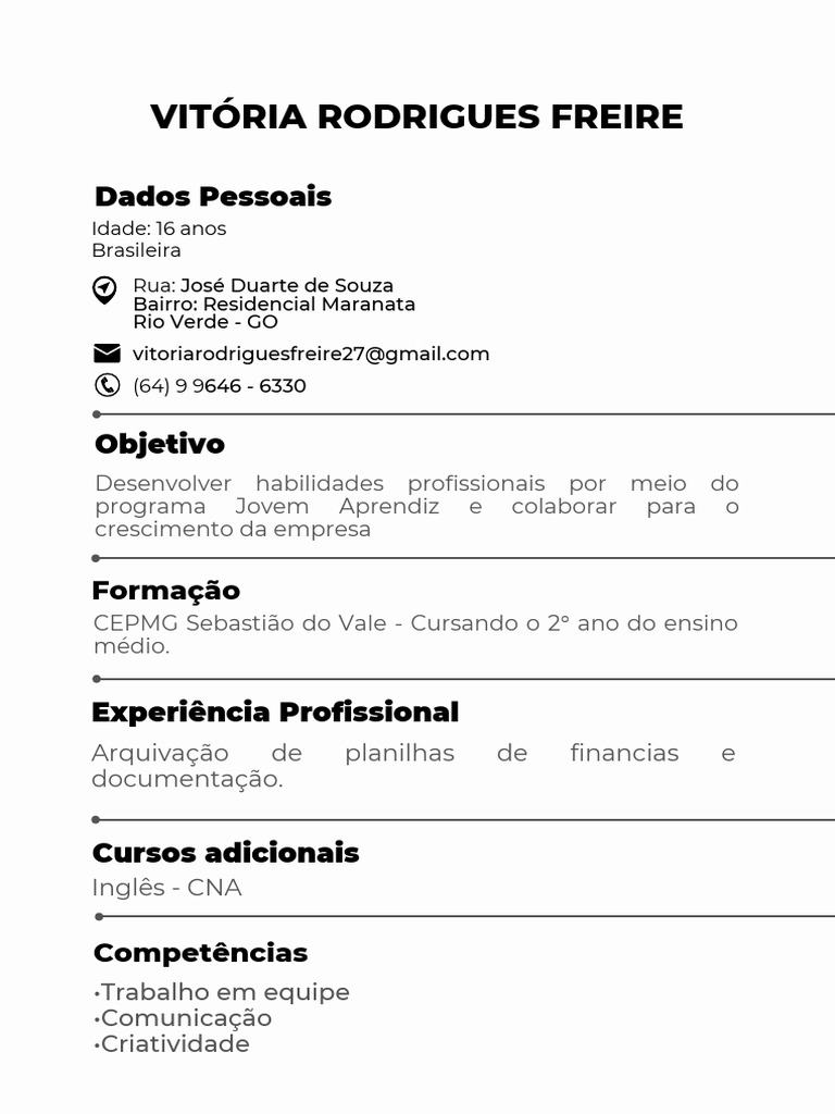 Currículo Jovem Aprendiz - Vitória Freire | PDF