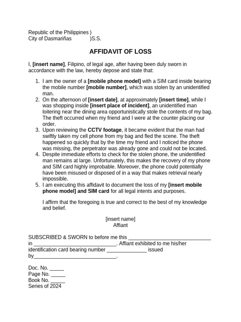 Affidavit of Loss Sample | PDF