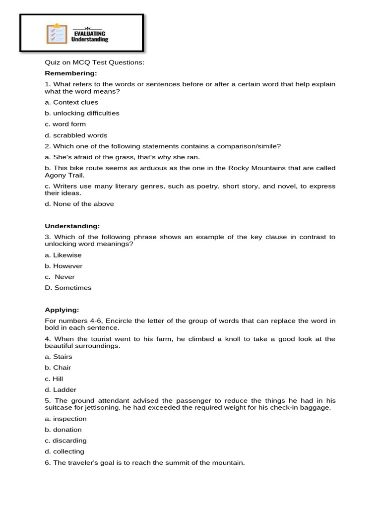 MCQ Test Questions Quiz | PDF