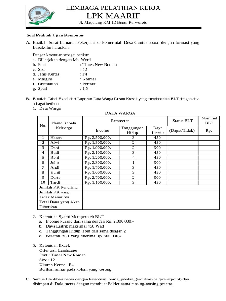 Surat Lamaran Dan Tabel Blt Excel Pdf