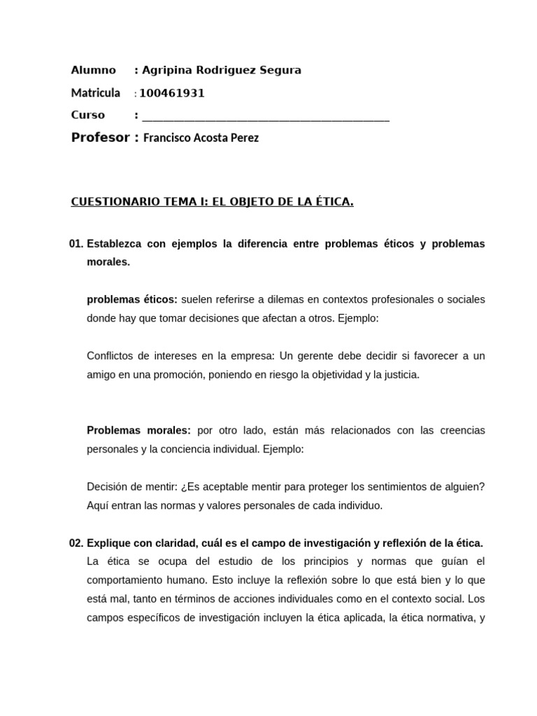 Cuestionario Tema I Objeto de La Etica | PDF | Moralidad | Justicia
