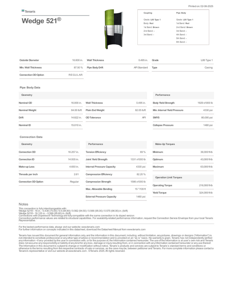 Wedge 521® 16.000 - 0.495 - L80 Type 1 - 02062025 | PDF | Pipe (Fluid ...