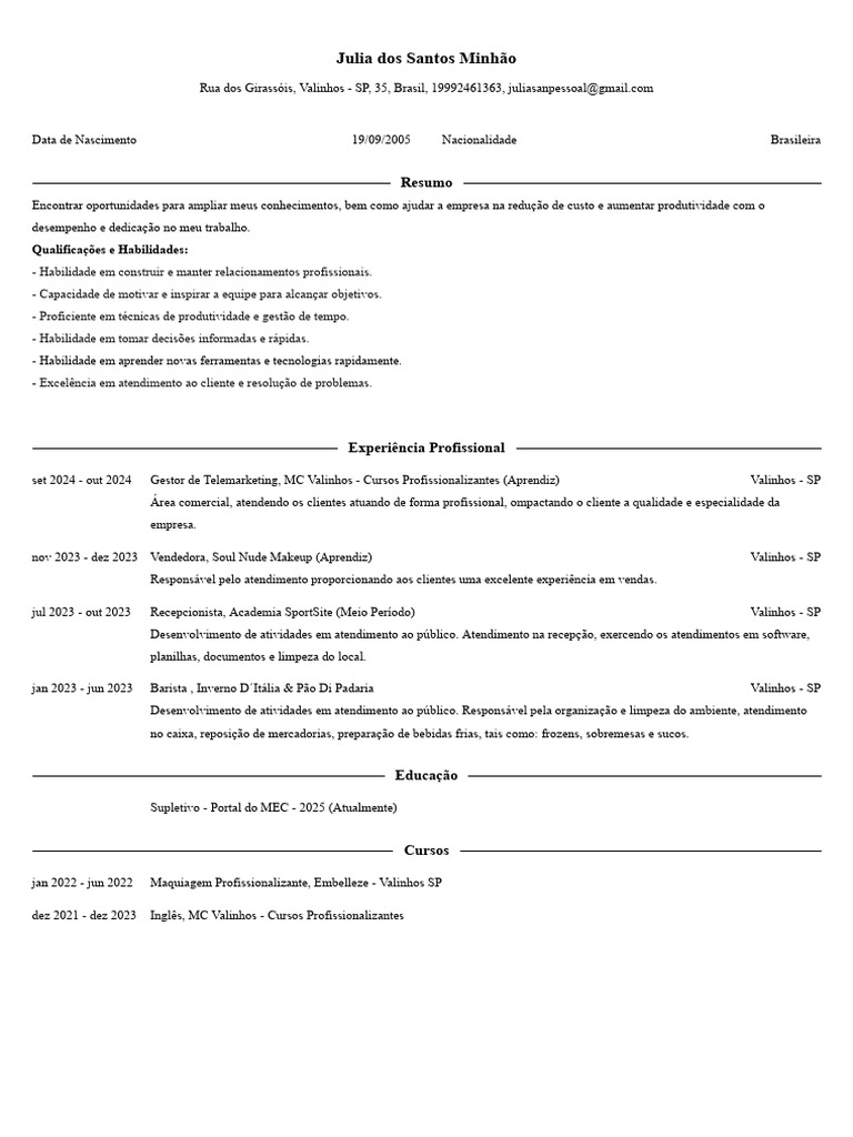 CV - Julia Dos Santos Minhão | PDF | Desenvolvimento profissional | Business