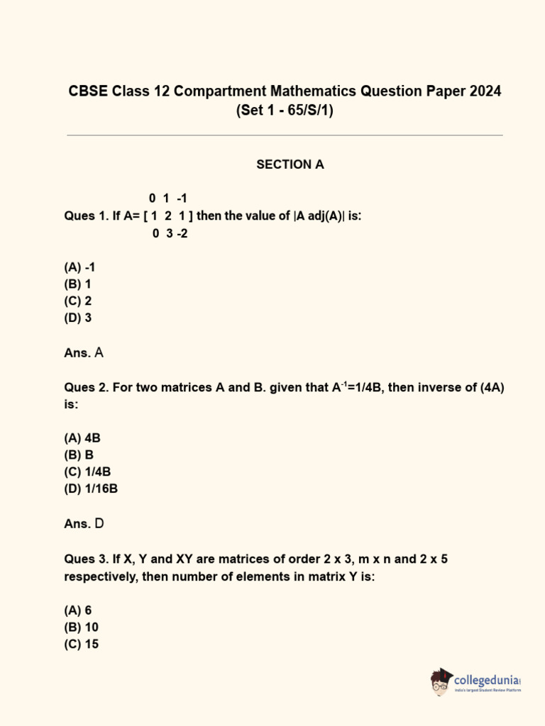 Class 12 Maths Compartment Paper 2024 | PDF | Mathematical Relations ...