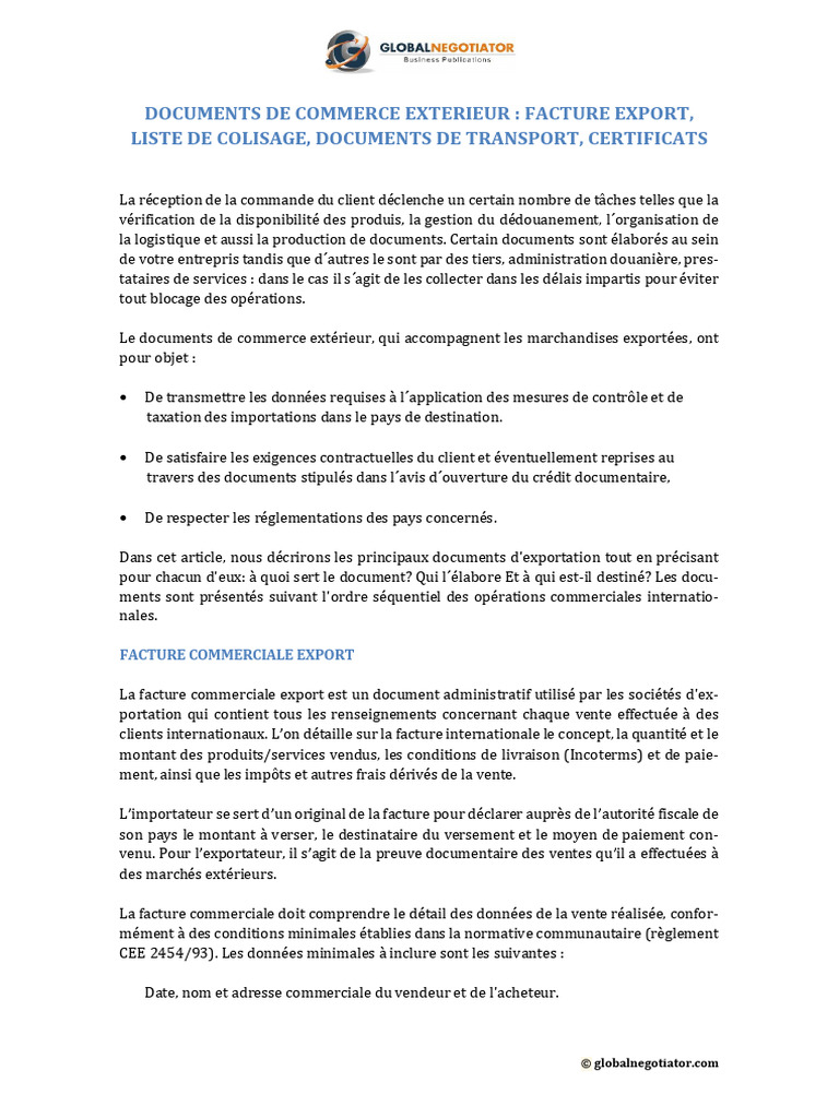 Documents Essentiels du Commerce Extérieur | PDF | Transport | Facture